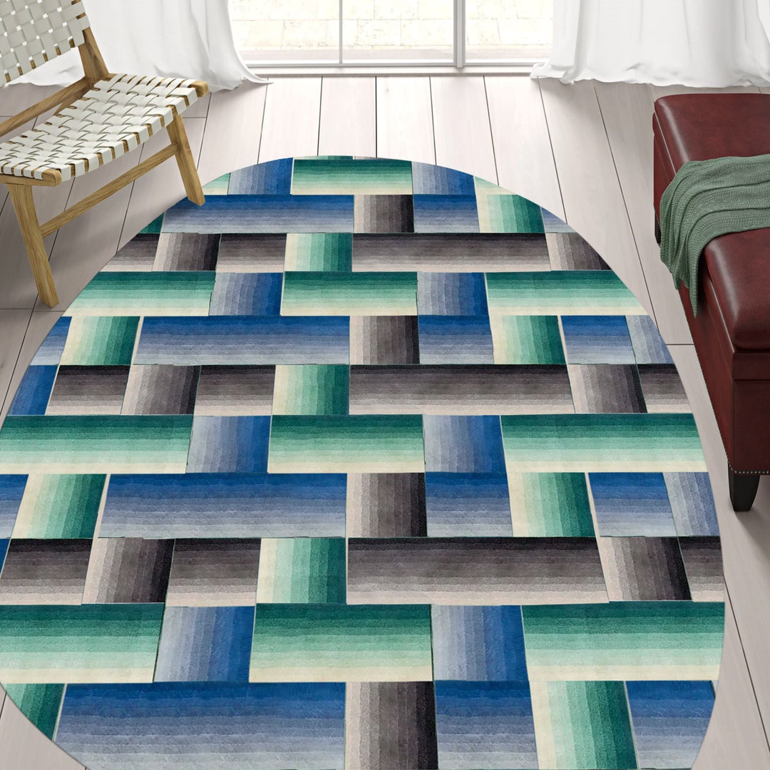 Oval Rug Wool | 5x7, 5x8, 6x8, 6x9, 7x9 | Blue Abstract Color | Hand ...