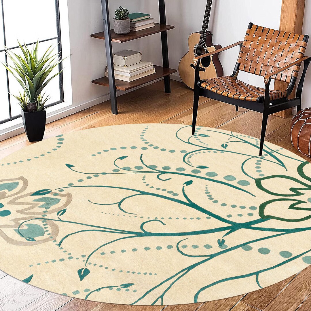 Cream Color Rug, 6x6, 7x7, 8x8, 9x9, Floral Design, Round Carpet ...