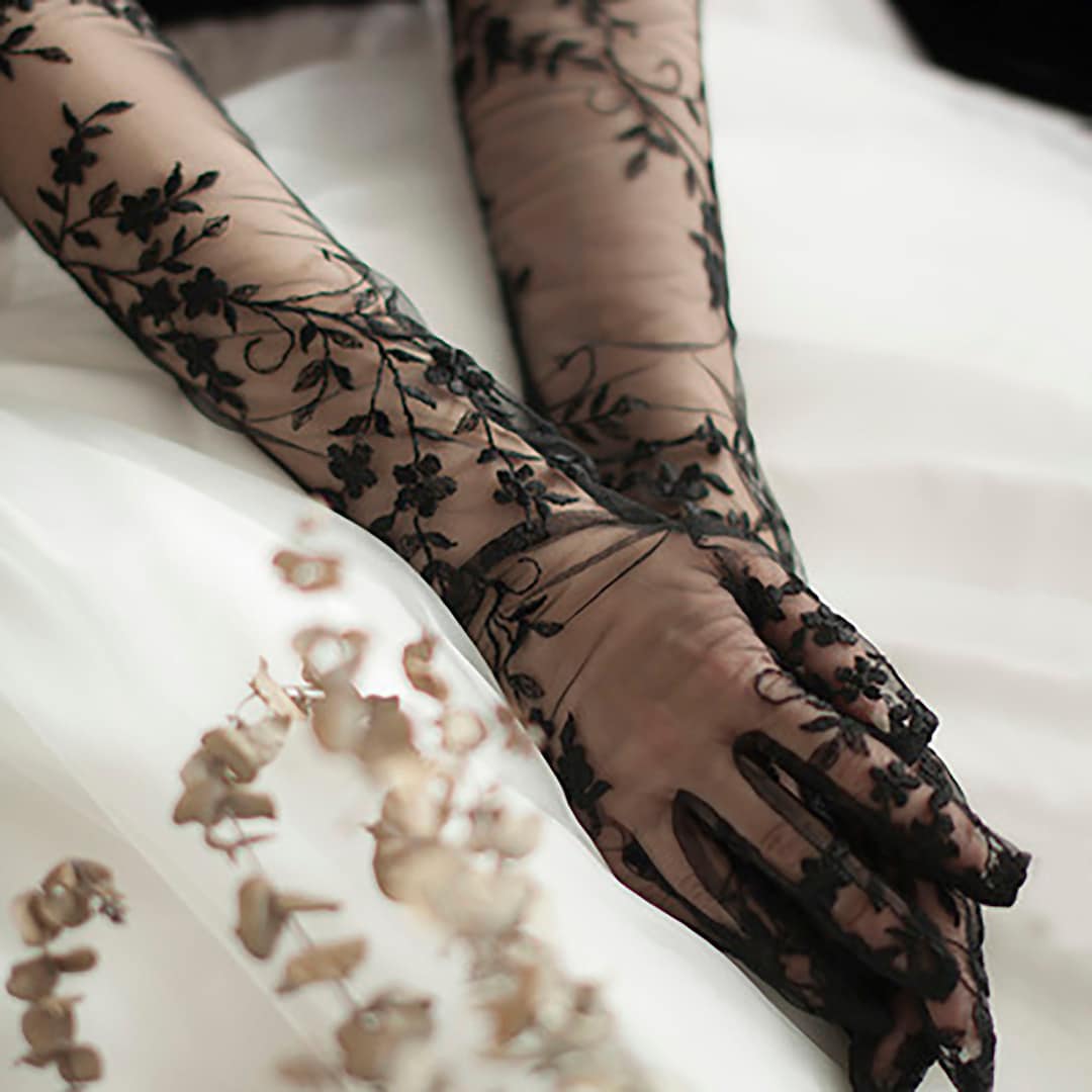 Long Black Tulle Opera Gloves,flower Embroidery Lace Gloves,tea Party ...
