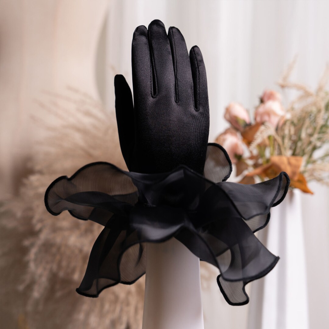 Vintage Hepburn Ruffle Gloves,black Satin Gloves,bridal Gloves,opera ...