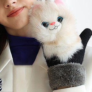 Animal Warm Gloves, Fluffy Cartoon Knitted Mittens, Mittens With Cat ...