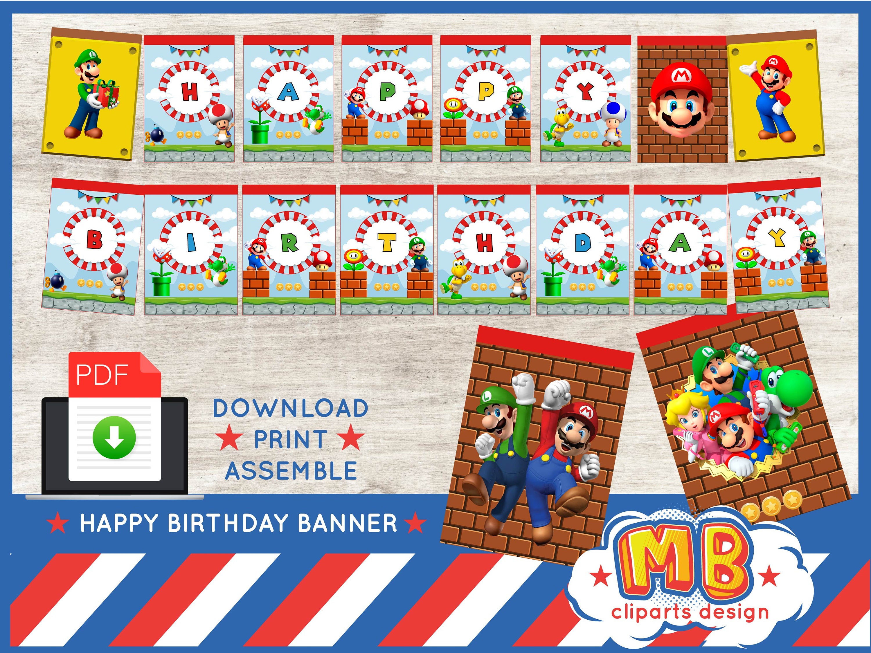 Super Mario Digital Bunting Banner Printable happy birthday | Etsy