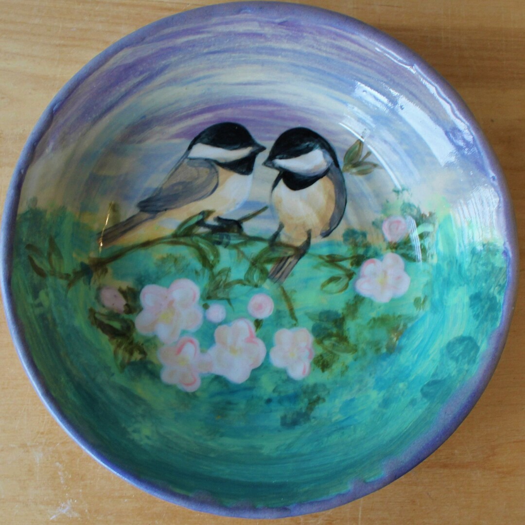 Hand-painted Chickadee and Blossoms Plates, Cheese Plates, Cake Plate ...