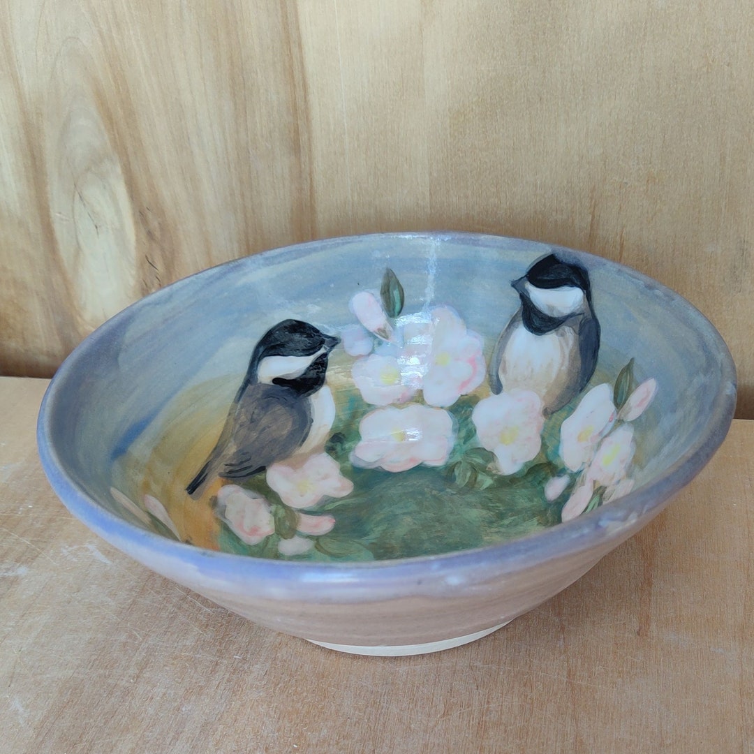 Hand-painted Chickadee Bowl, Wheel Thrown Stoneware Candy Dish, Ice ...