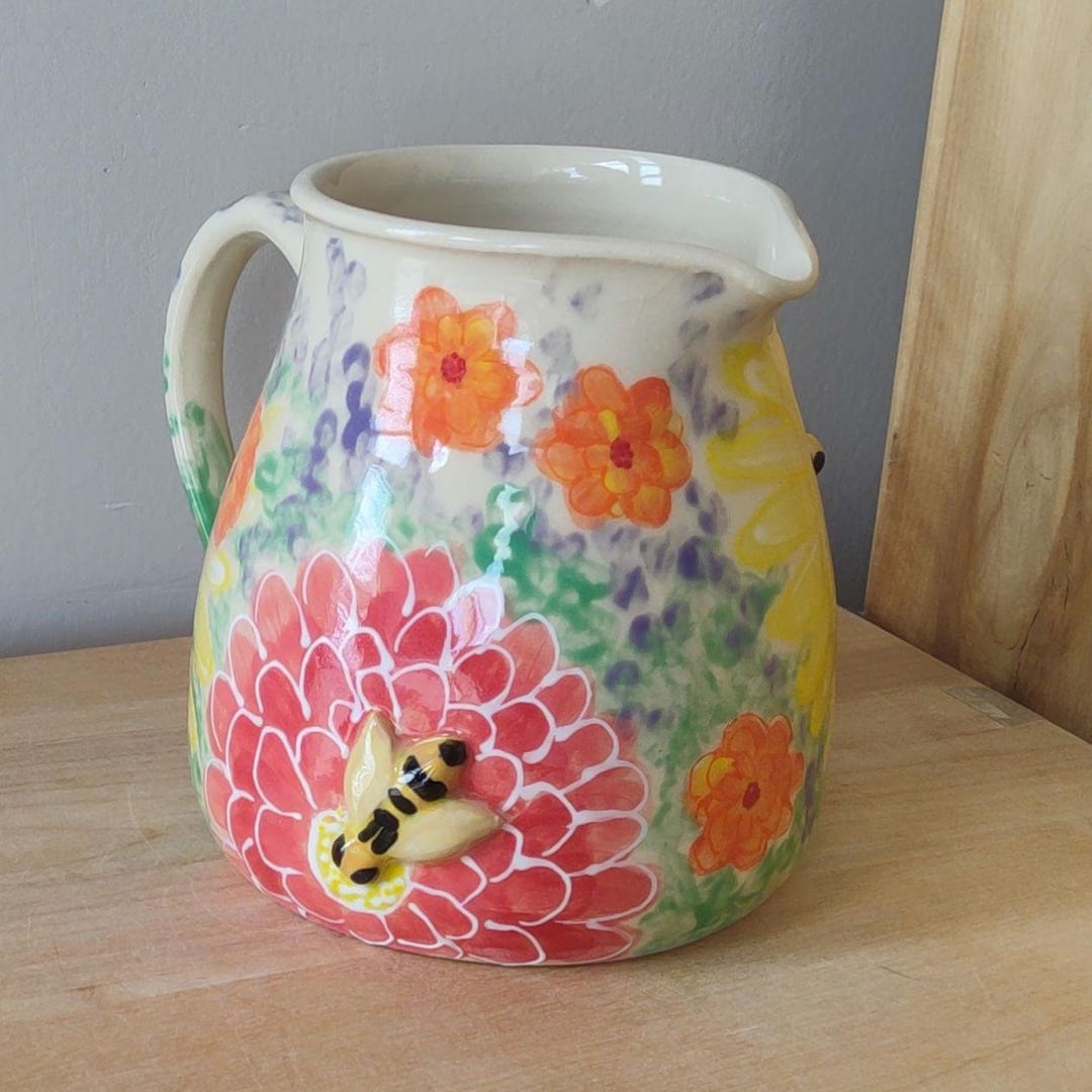 Honeybees and Flowers Hand-painted Pottery Pitcher - Etsy