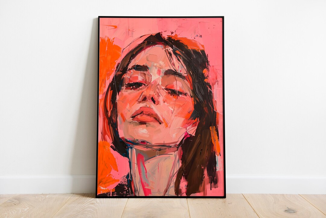 PINK WOMAN Portrait Painting, Contemporary Oil Painting, Printable Wall ...