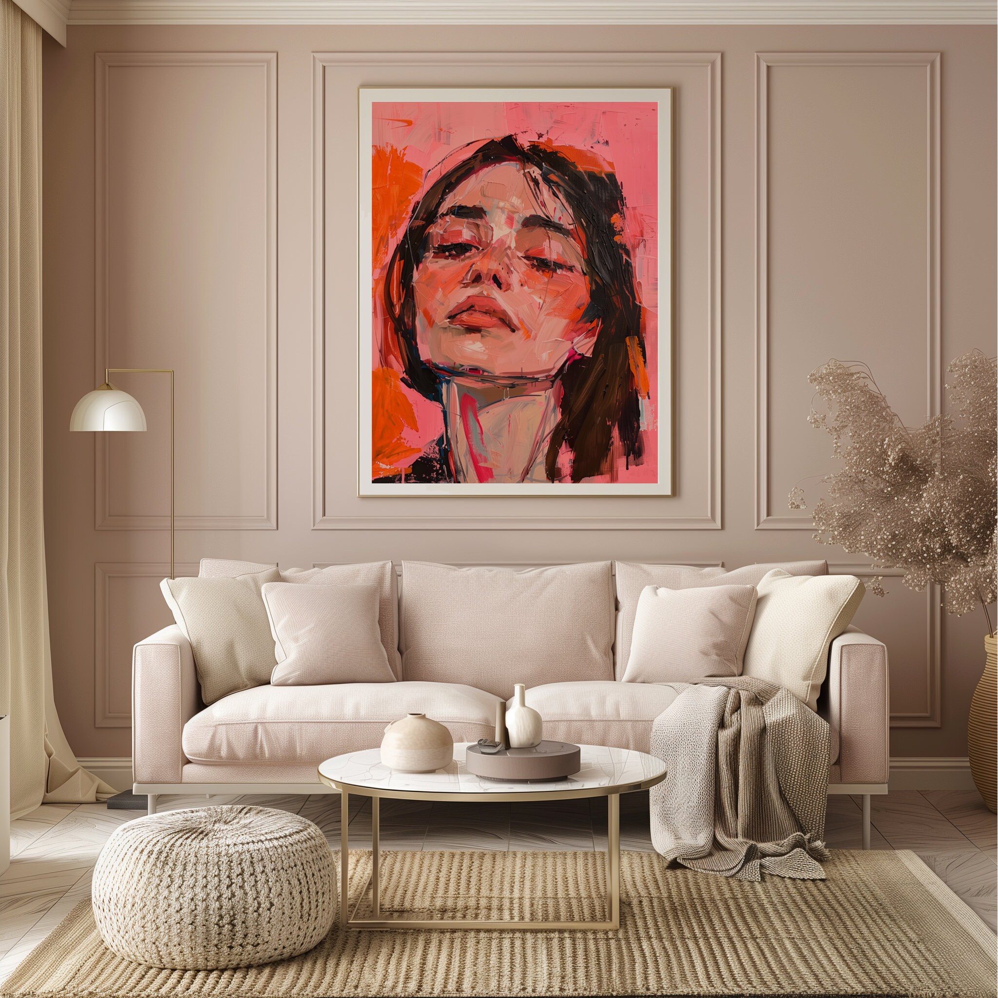 PINK WOMAN Portrait Painting, Contemporary Oil Painting, Printable Wall ...