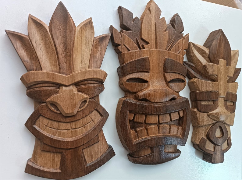 So Fun Tiki Mask Set 3 Piece Wood Tiki Bar Decor Statue - Etsy