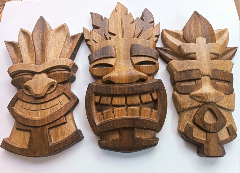 So Fun Tiki Mask Set 3 Piece Wood Tiki Bar Decor Statue - Etsy