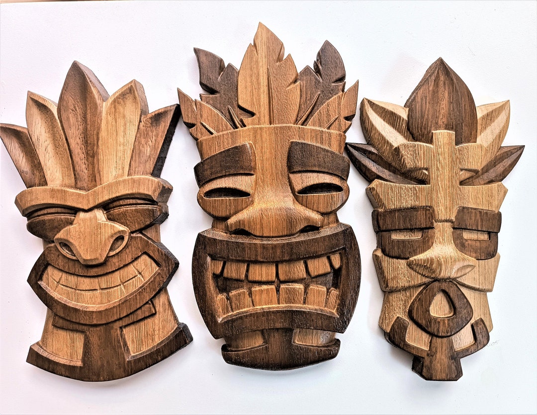 So Fun! Tiki Mask Set 3 Piece Wood Tiki Bar Decor Statue Hawaiian Tiki ...