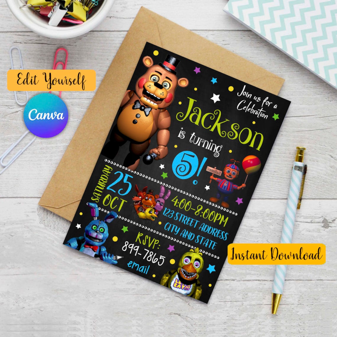 Five Nights at Freddys Birthday Invitation, Five Nights at Freddys ...