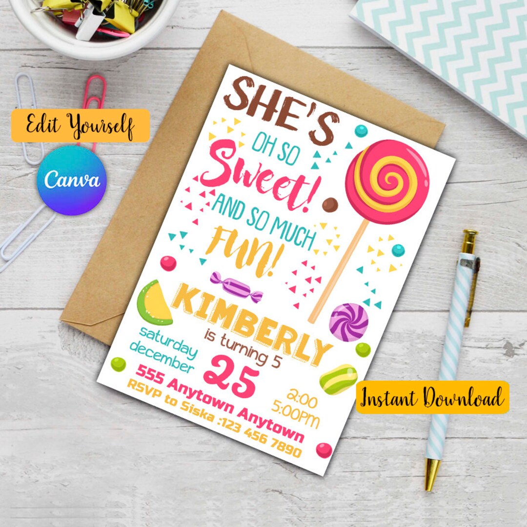 Candy Invitation, Candy Birthday Invites, Girls Invitation, Candy Sweet ...