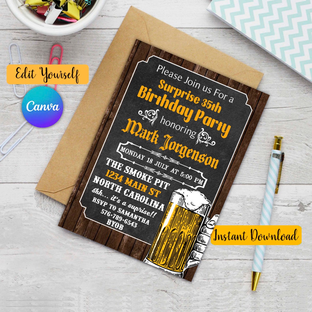 Men's Surprise Birthday Invitation, Beer Surprise Birthday Party ...