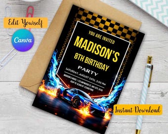 Blue Race Car Birthday Invitation, Race Car Birthday Invitation, Sport ...