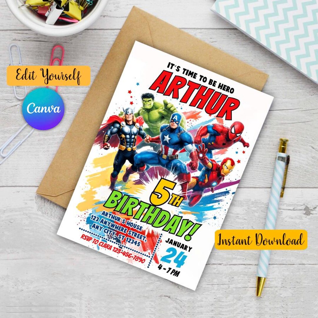 Superhero Birthday Invitation, Avengers Superhero Digital Invitation ...