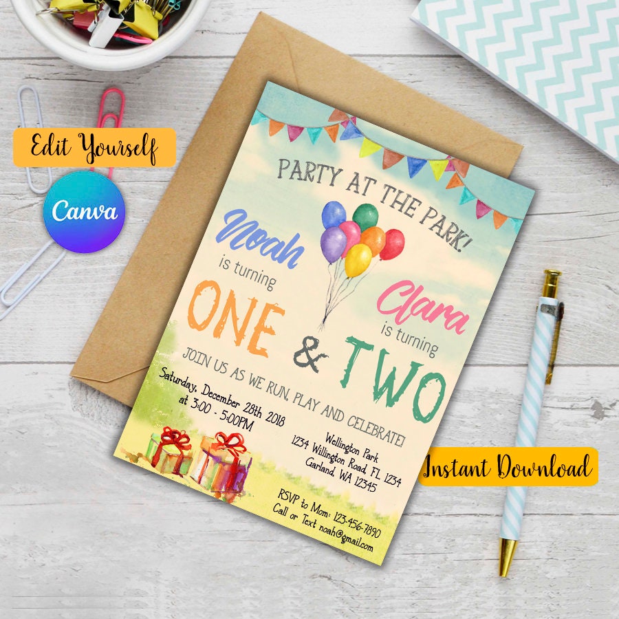 Double Birthday Invitation, Sibling Birthday Invitation, Playground ...