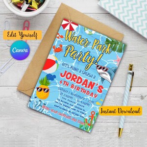 Water Park Party Invitation, Waterpark Birthday Invite, Beach Swim ...