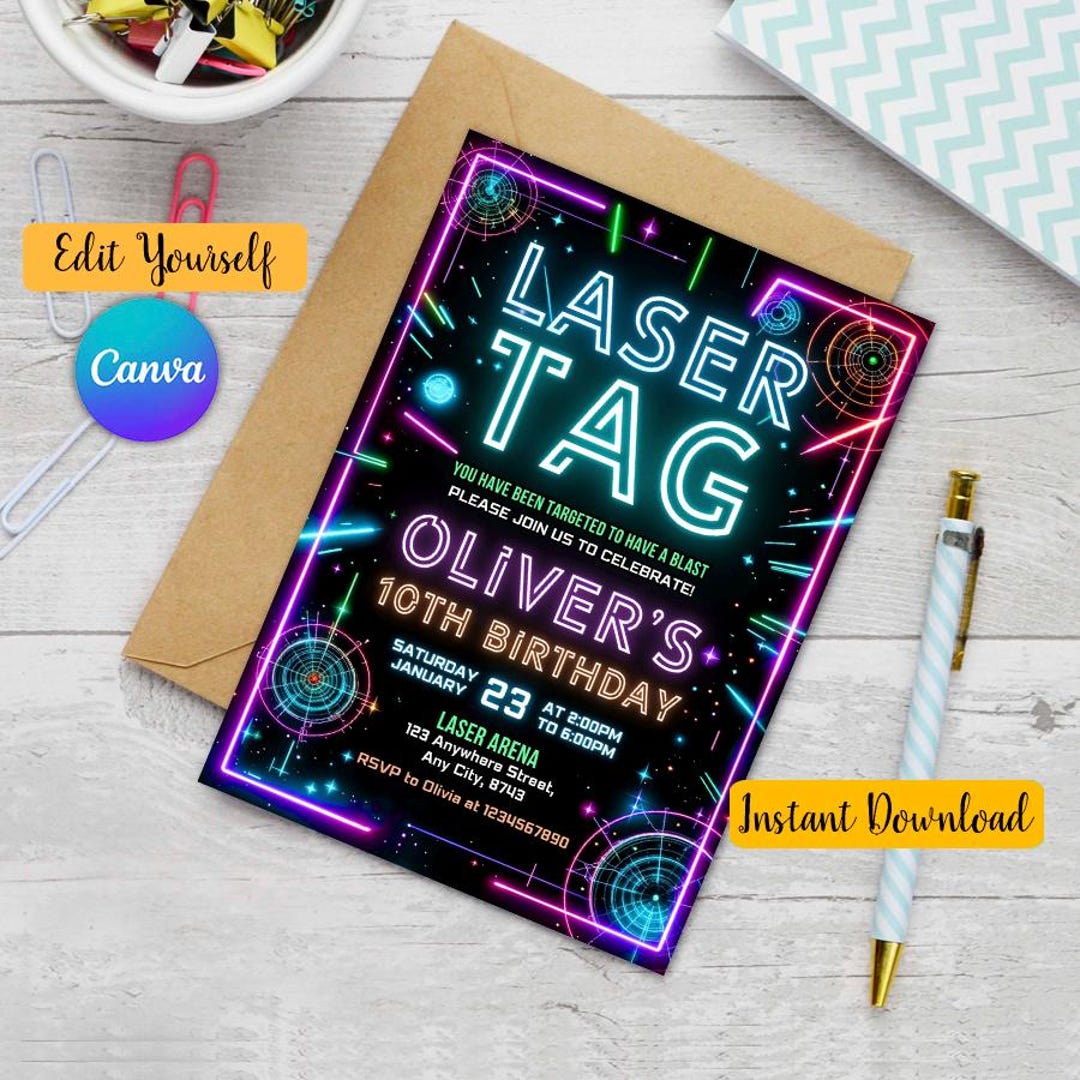 Laser Tag Birthday Invitation, Neon Laser Tag Birthday Party Invite ...
