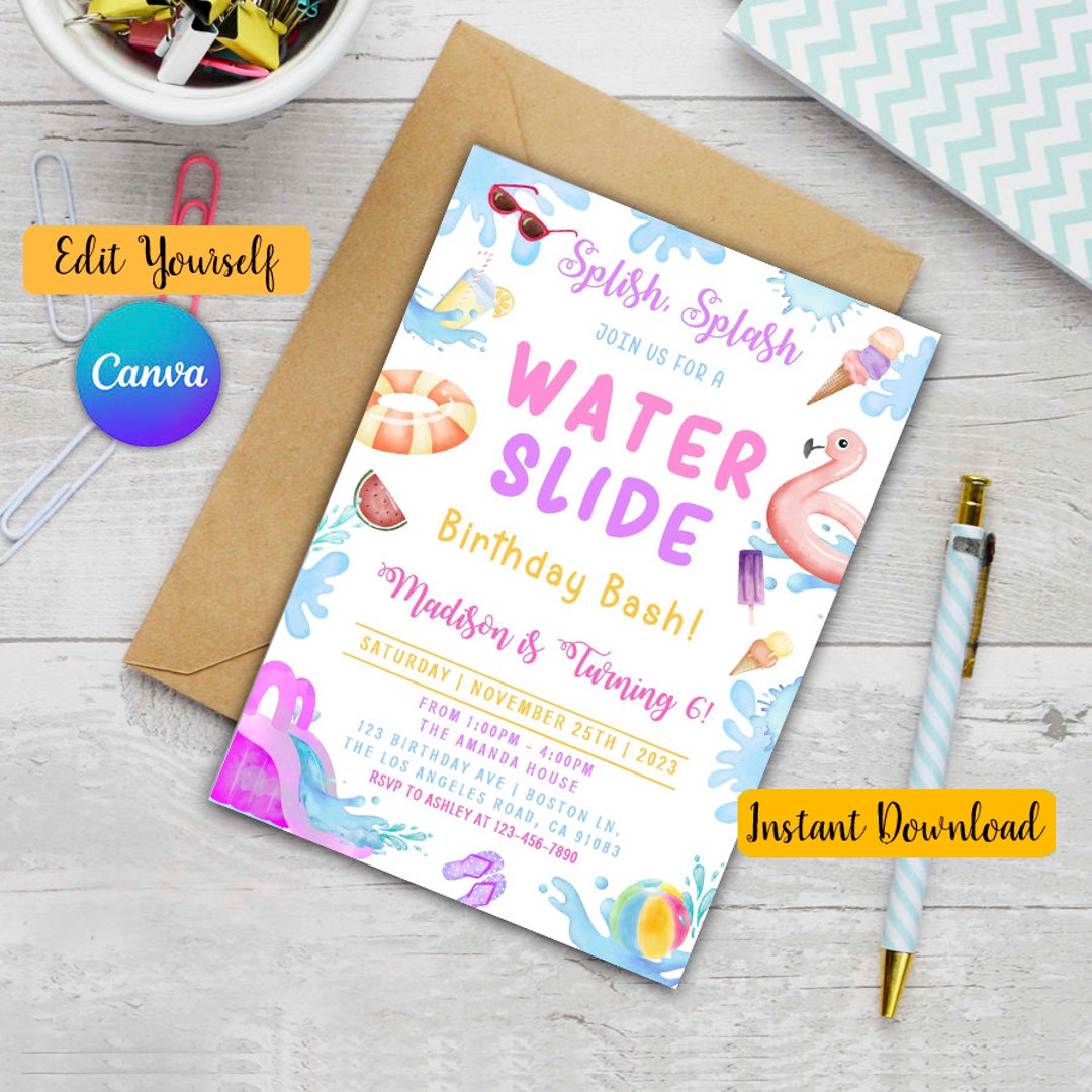 Water Slide Birthday Invitation, Waterslide Invitation, Bash Party ...
