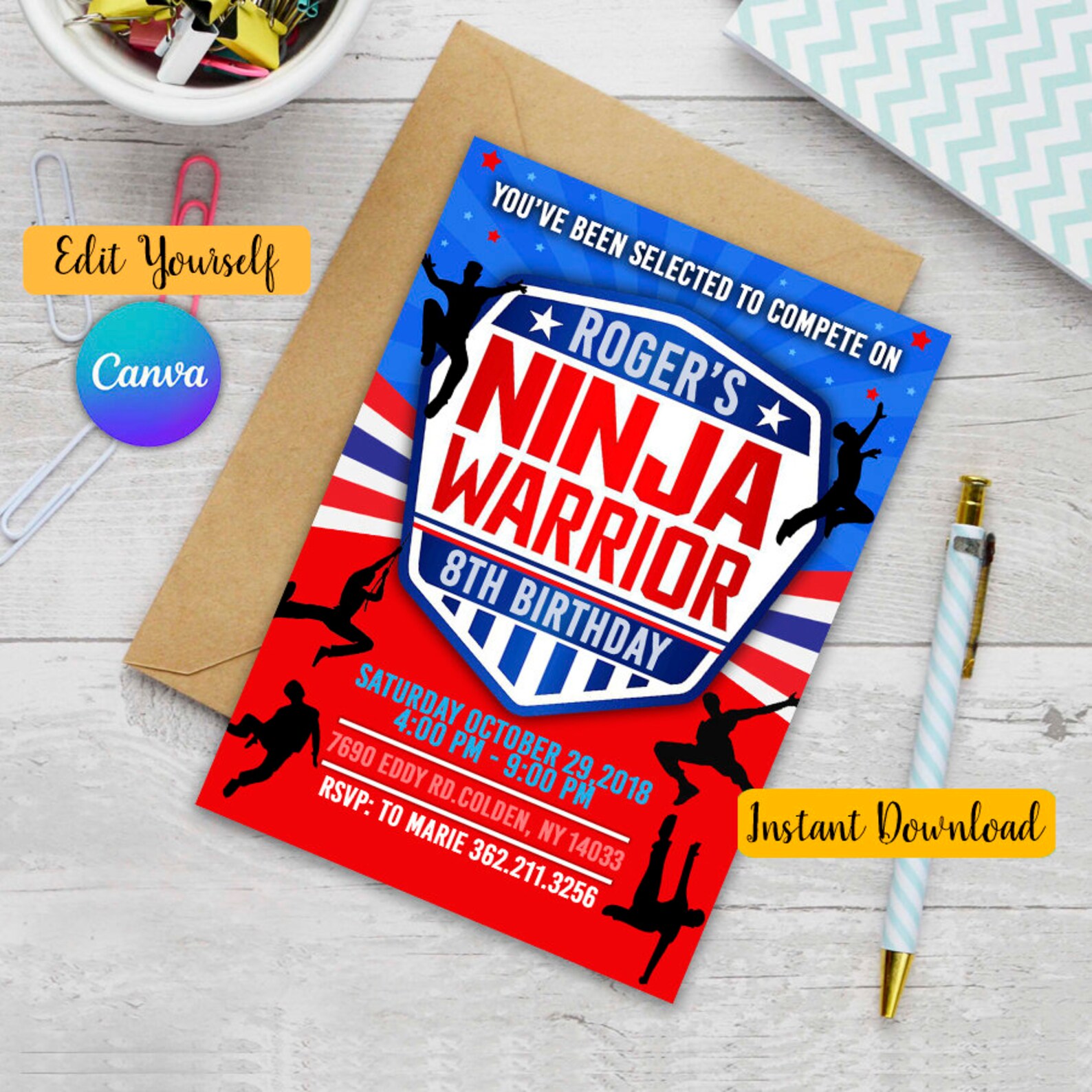 Ninja Warrior Invitation, Ninja Warrior Birthday Invitation, Ninja ...