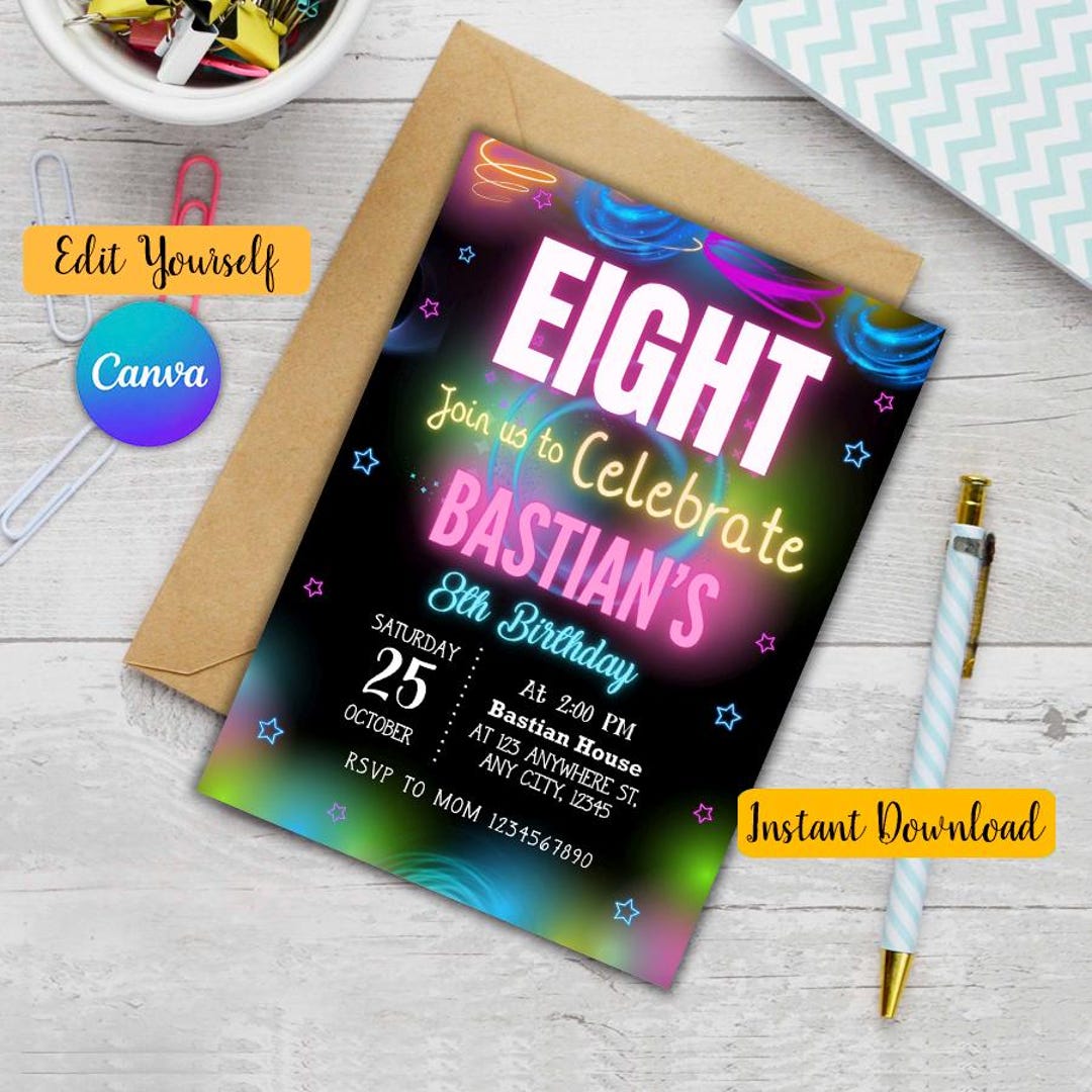 Editable 8th Birthday Invitation, Pink 8th Birthday Party Invite, 8th ...