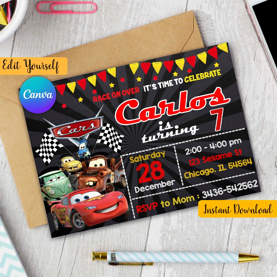 Disney Cars Invitation, Lightning Mcqueen Birthday Invitation, Cars ...
