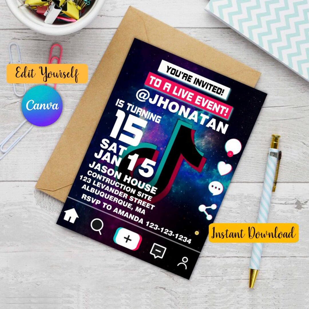 Tiktok Birthday Invitation, Tiktok Invitation, Tik Tok Invite, Blogger ...