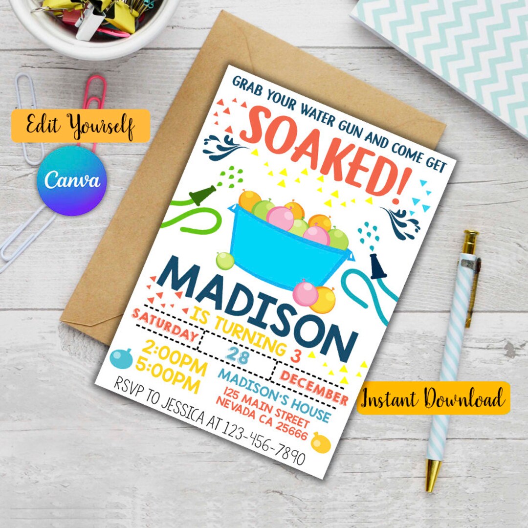 Water Balloon Invitation, Water Balloon Birthday Invitation, Soaked ...