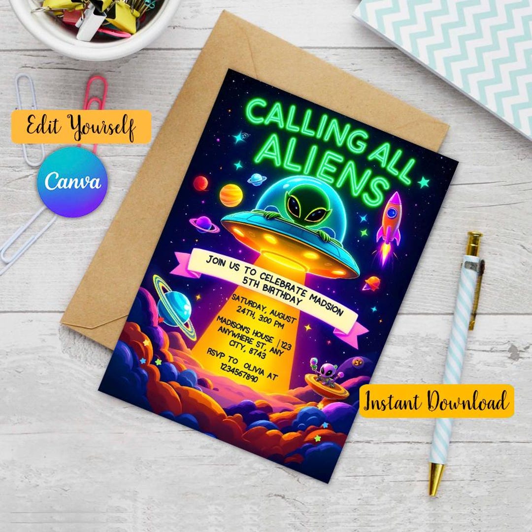 Alien Birthday Invitation, Alien Invitation, UFO Invitation, Spaceship ...