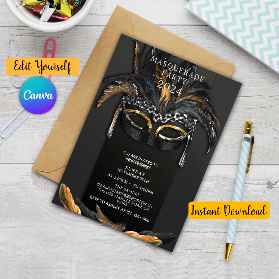 Masquerade Party Invitation, Masquerade Ball Invite, Mask Party ...