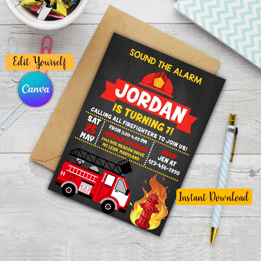 Firetruck Invitation Fire Truck Birthday Invitation - Etsy