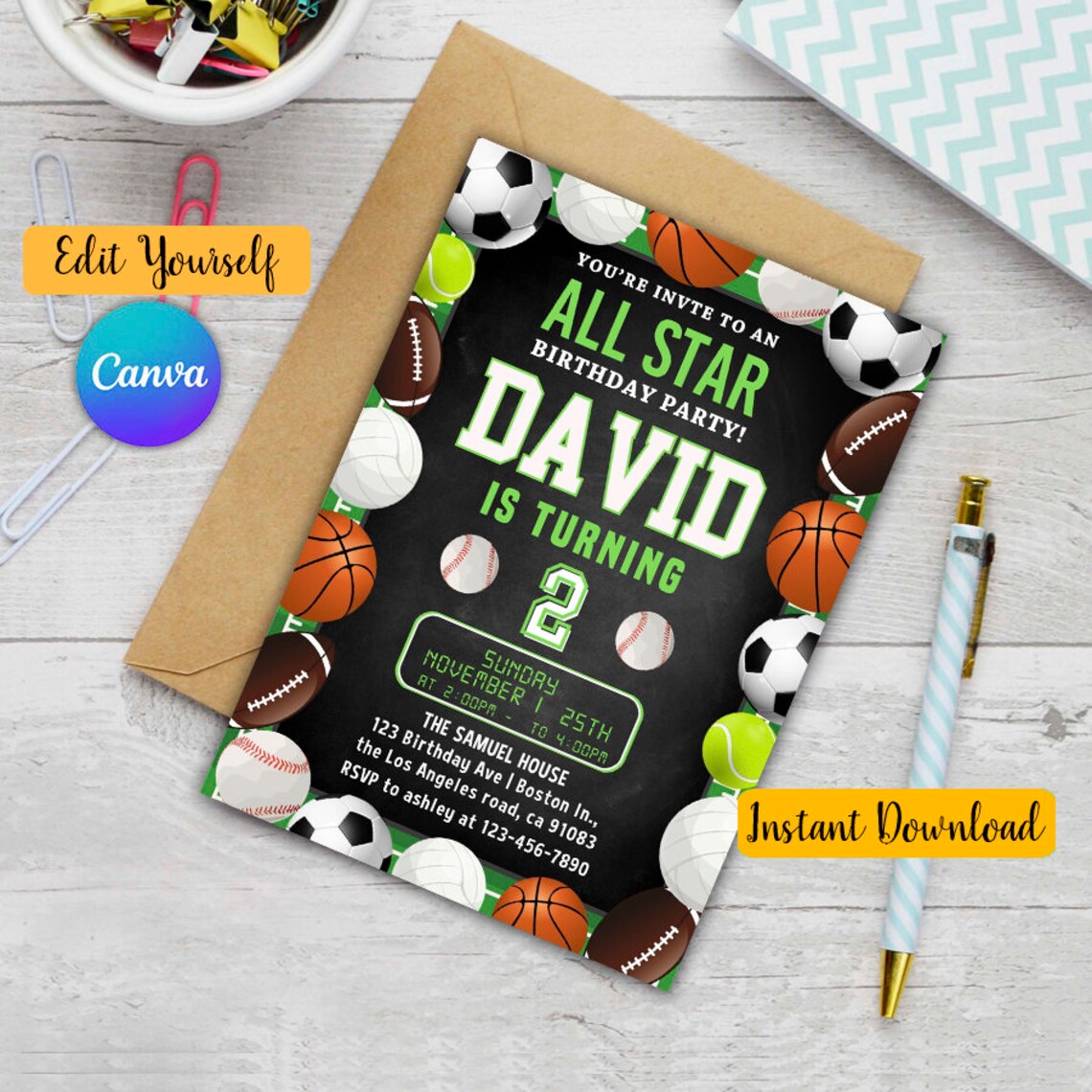 Editable All Star Sports Birthday Invitation, Sports Invitation, Sports ...