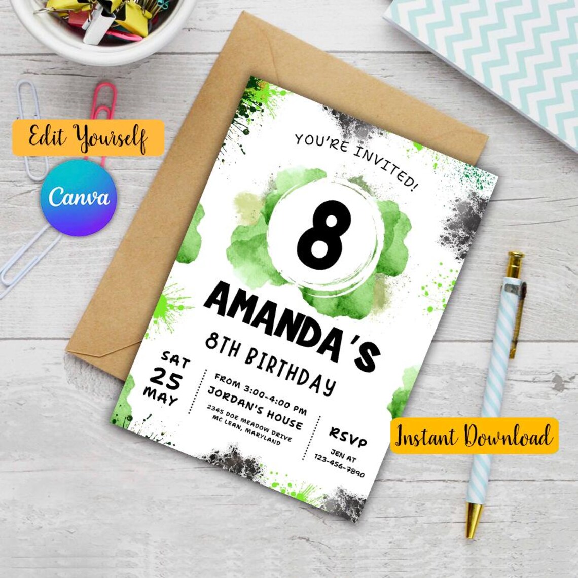 8th Birthday Invitation Template, 8th Birthday Party Invite, 8th ...