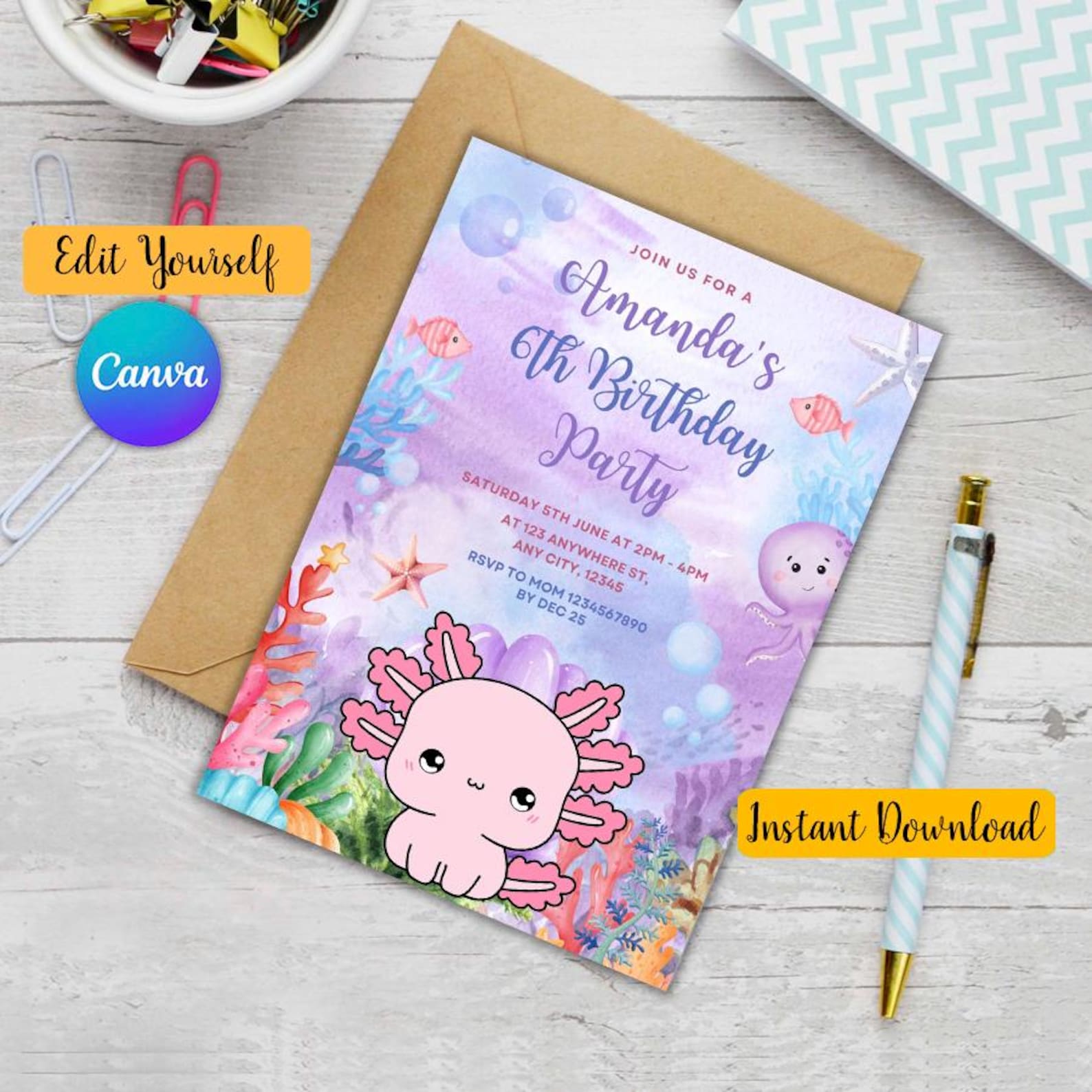 Editable Axolotl Birthday Invitation, Under the Sea Birthday Invitation ...