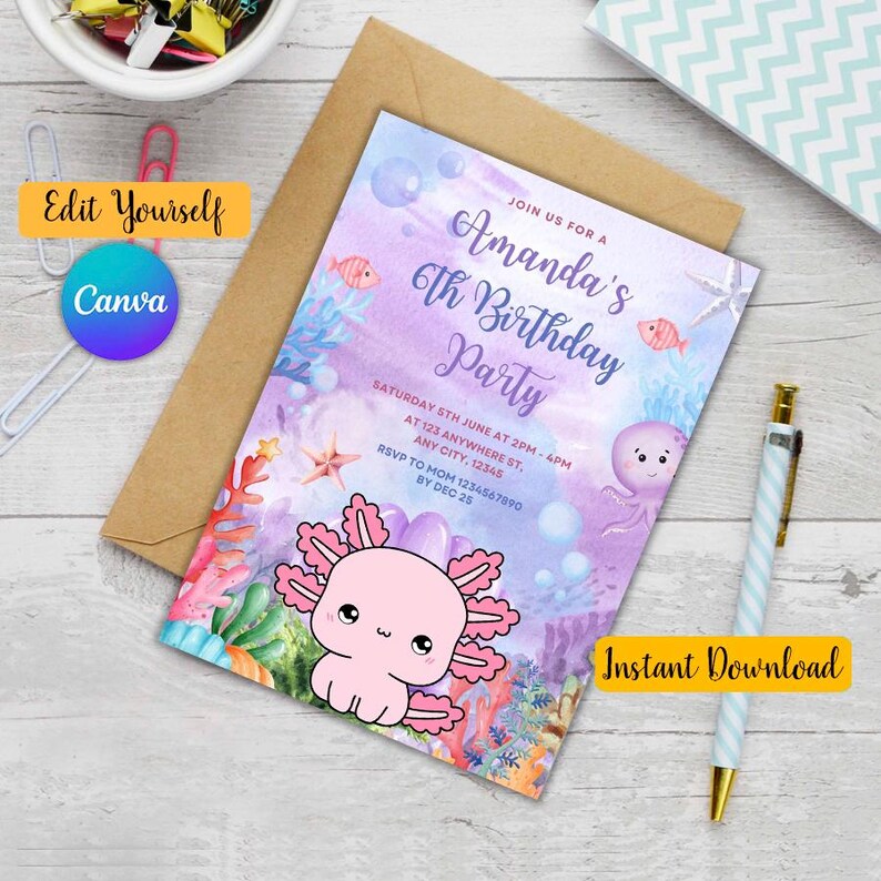 Editable Axolotl Birthday Invitation, Under the Sea Birthday Invitation ...