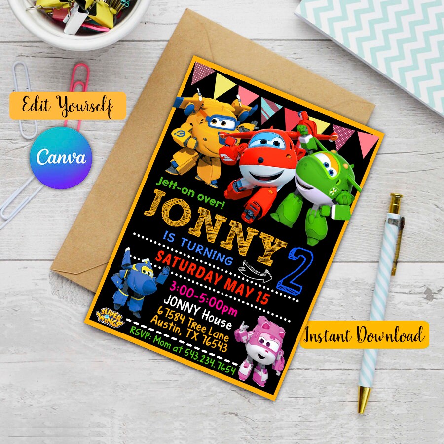 Super Wings Birthday Invitation, Super Wings Invitation, Super Wings ...