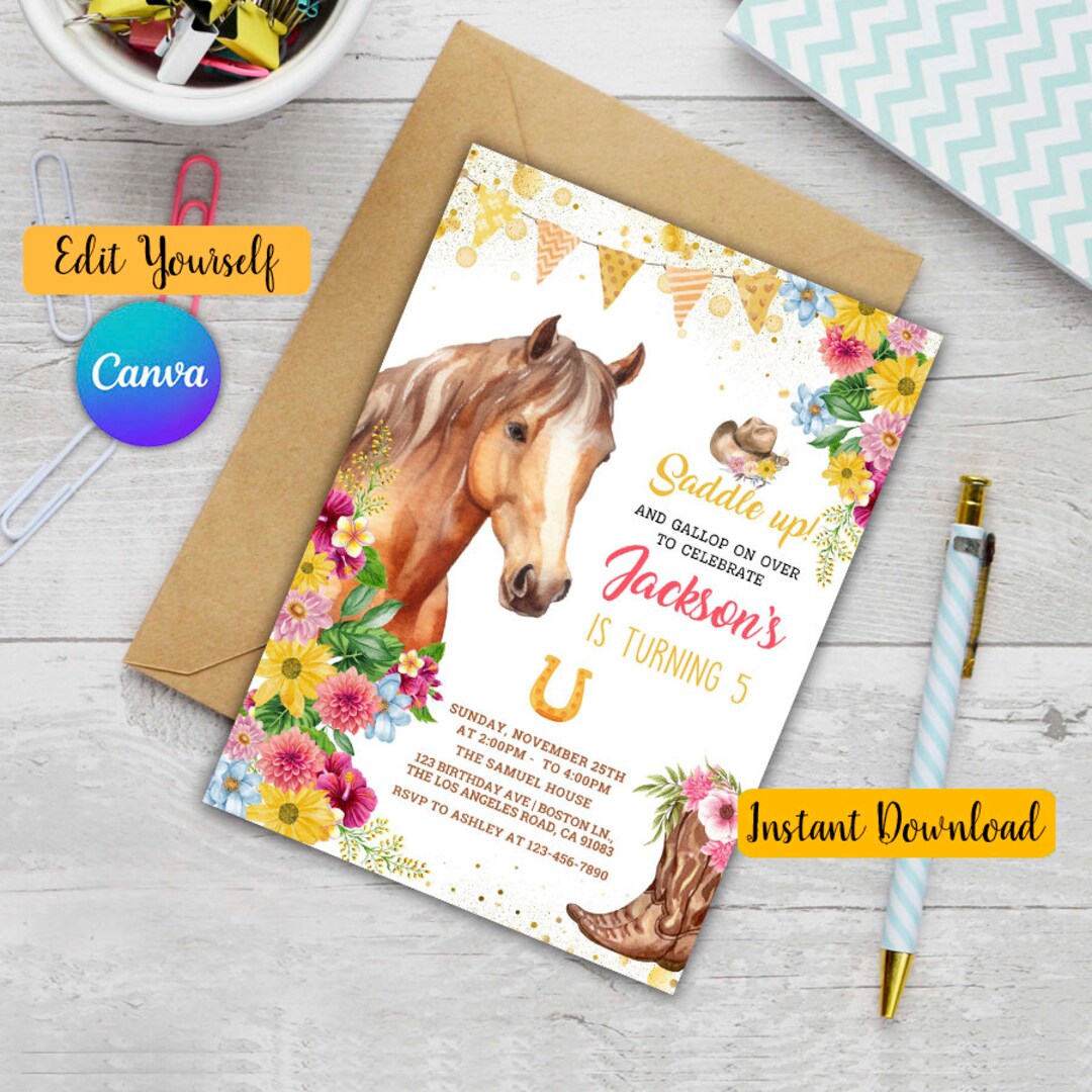 Editable Floral Horse Birthday Invitation, Girl Saddle up Invite ...