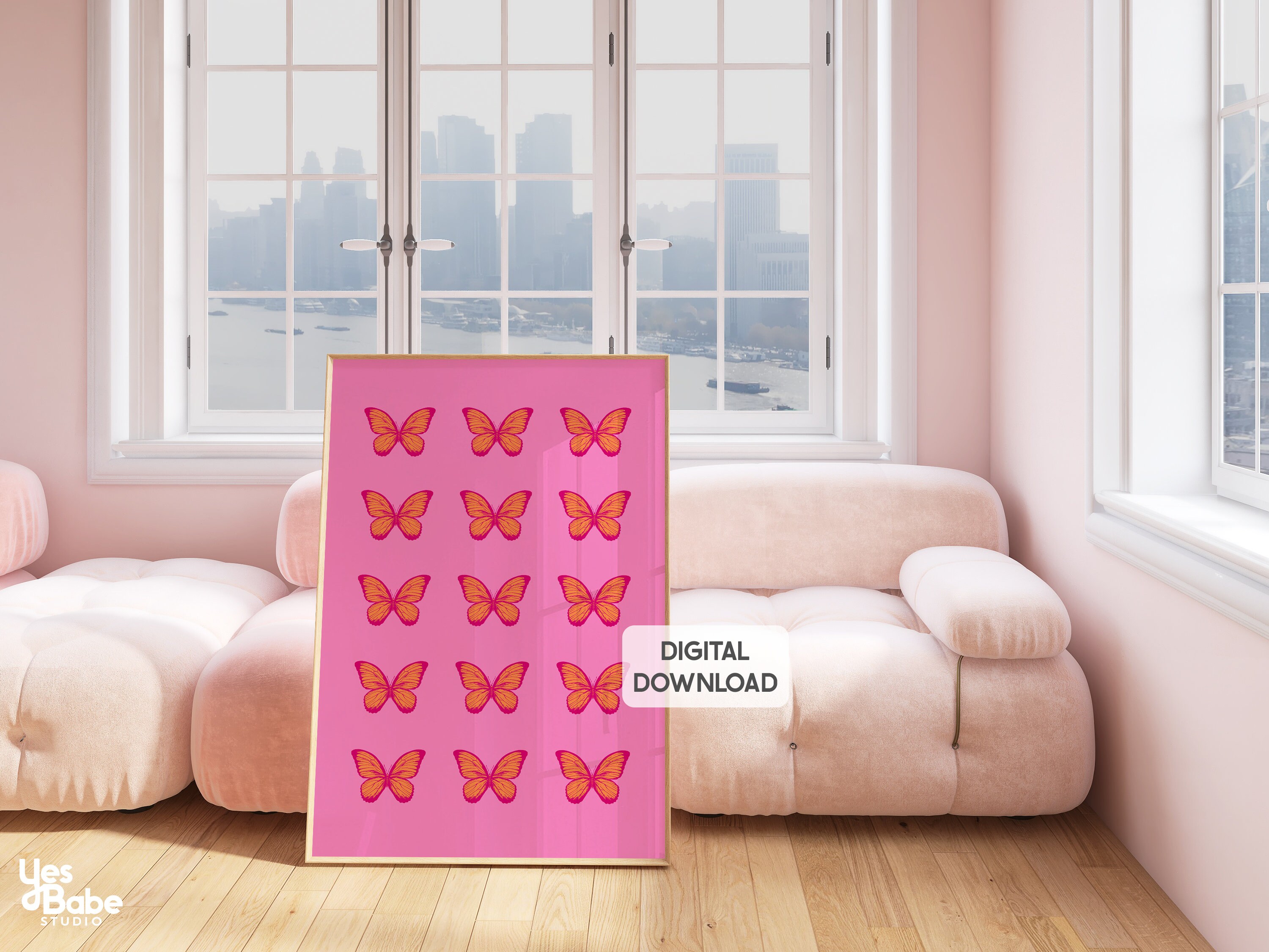 DIGITAL Preppy Wall Art, Pink and Orange Prints, Butterfly Wall Art ...