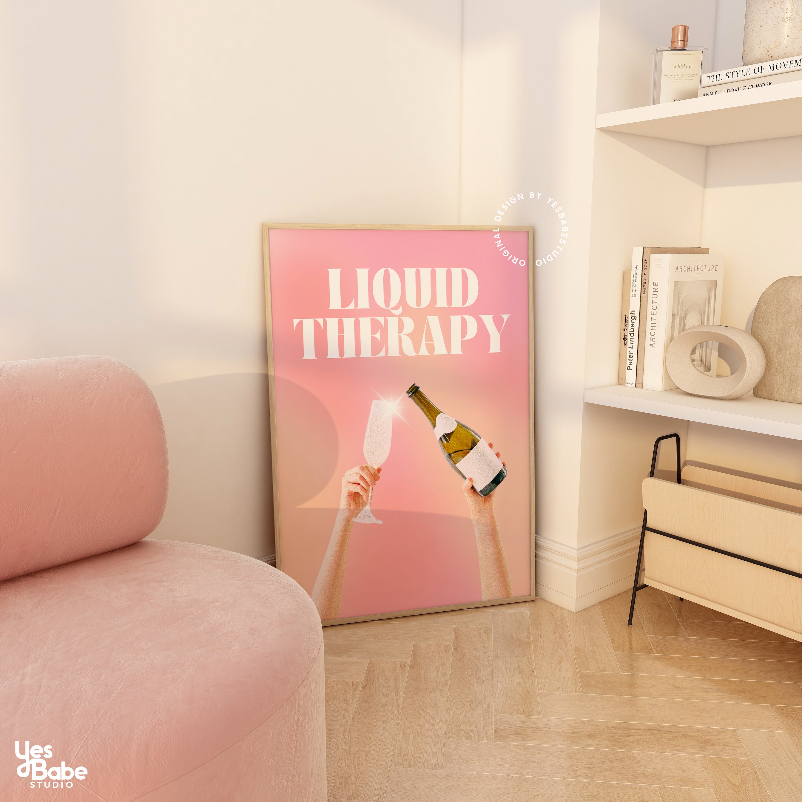 Pink and Orange Bar Cart Print, Aesthetic Apartment Decor, Cocktail ...