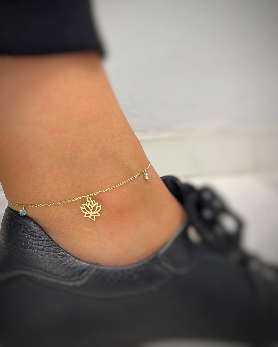 14K Solid Gold Lotus Flower and Turquoise Drop Chain Anklet / Jewelry ...