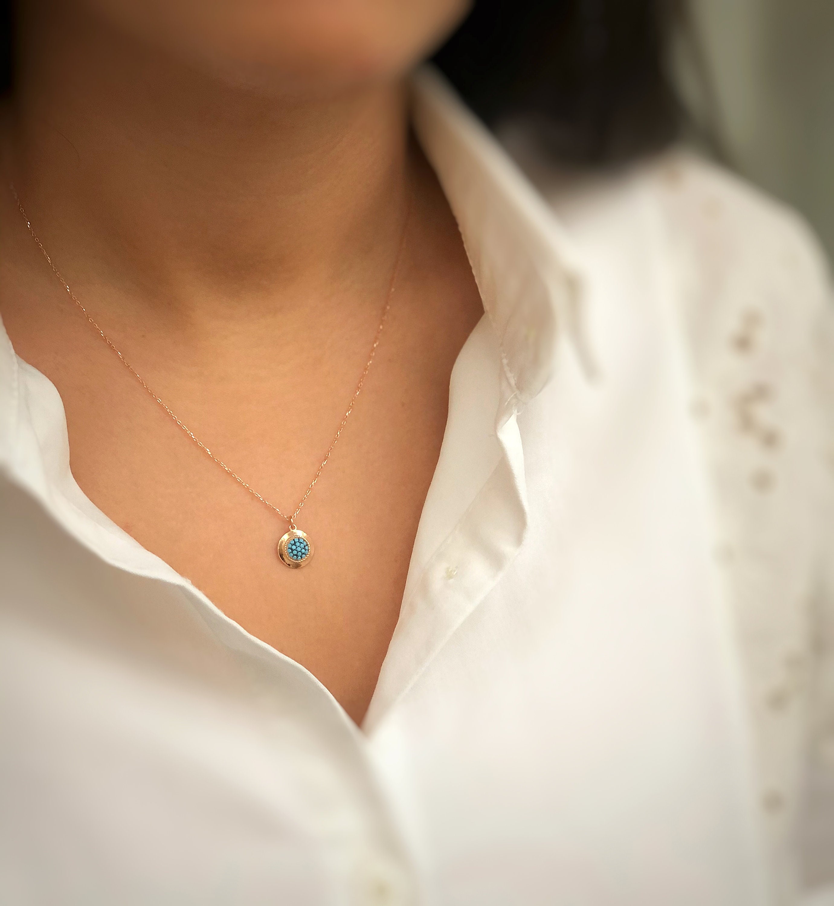 14k Solid Gold Turquoise Stone Minimal Rose Necklace / Blue Stone ...