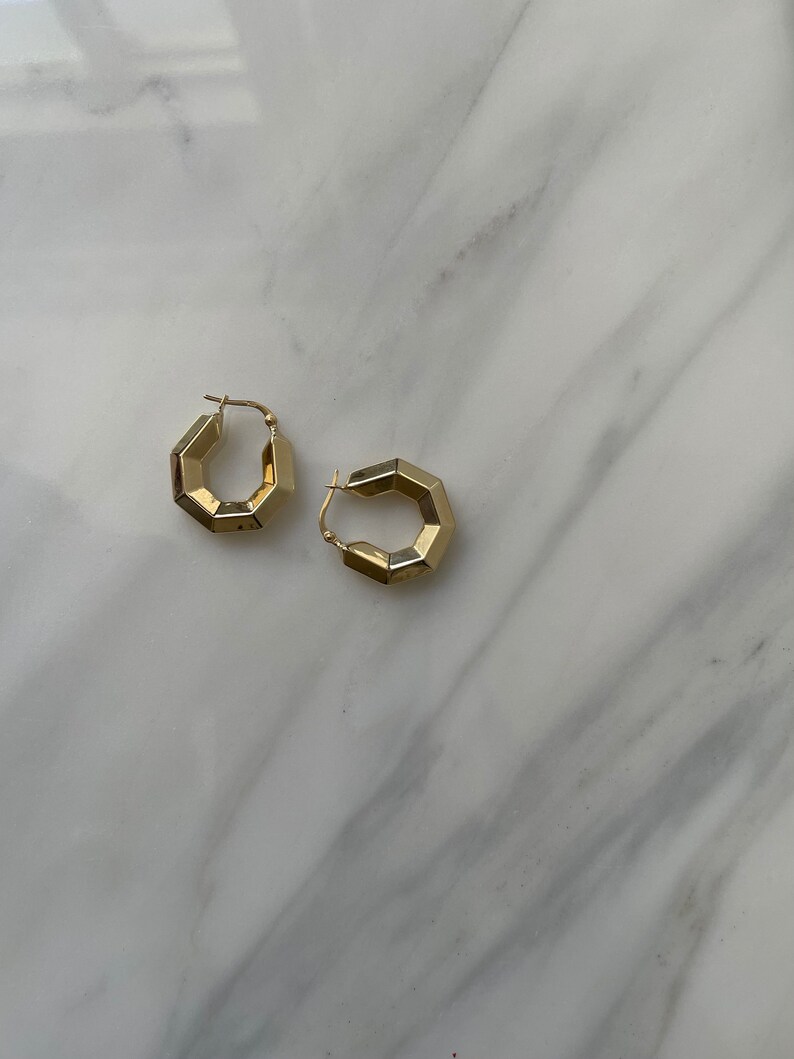 14k Solid Gold Angled Angular Edge Minimal Stud Earrings / Hexagon ...