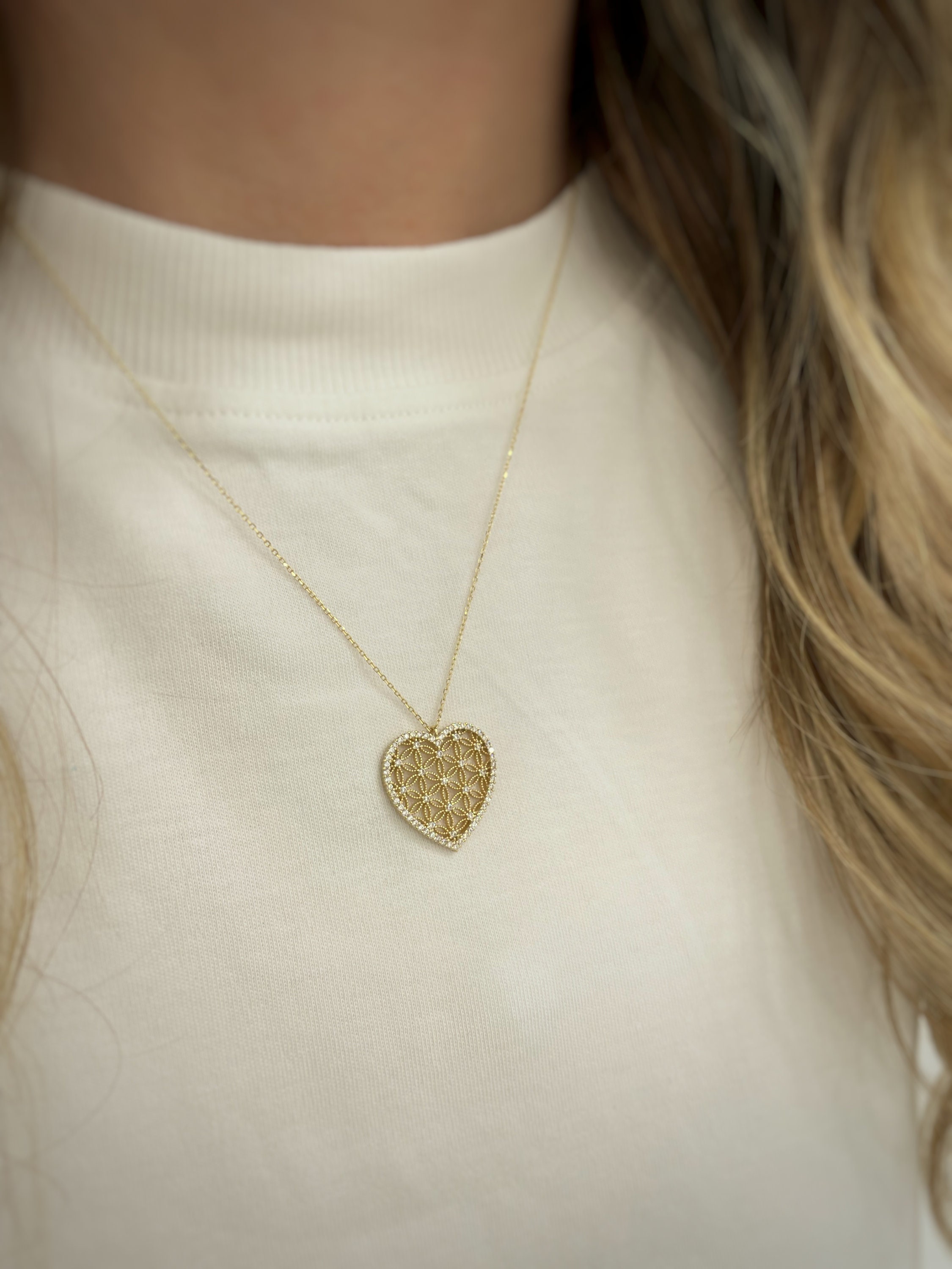 14K Solid Gold Flower of Life Necklace / 14K Solid Gold Heart-shape ...