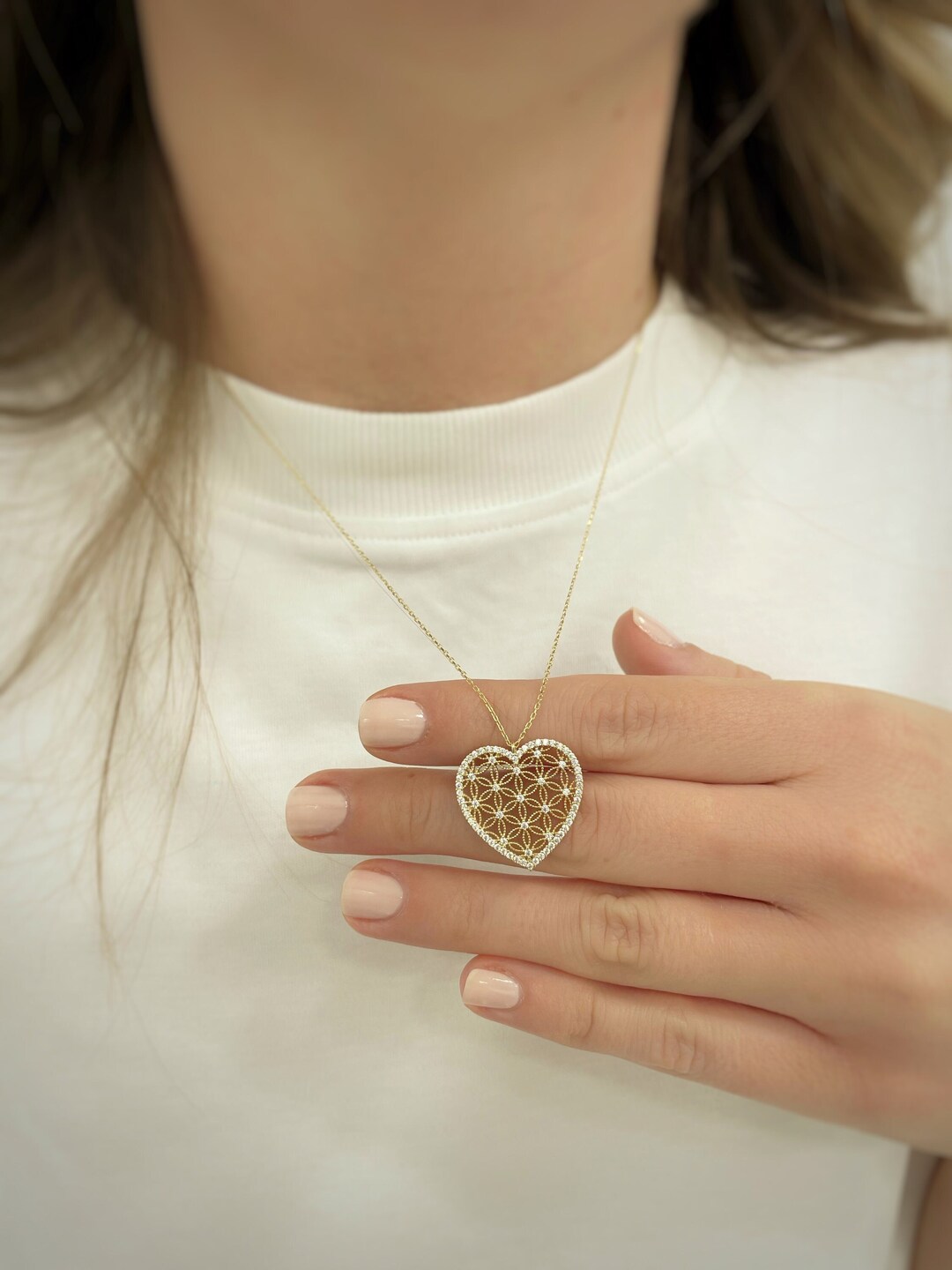 14K Solid Gold Flower of Life Necklace / 14K Solid Gold Heart-shape ...