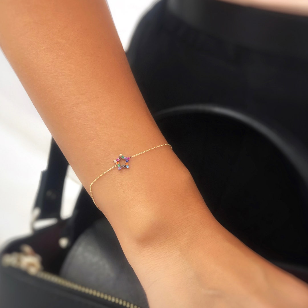 14k Solid Gold Star Bracelet / Star Minimal Bracelet / Gold Wristband ...