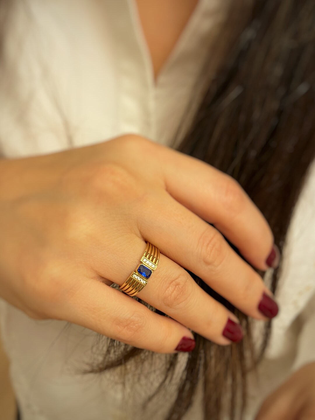 14K Solid Gold Navy Blue Zircon Ring / Shiny Ring / Jewelry / Dainty ...