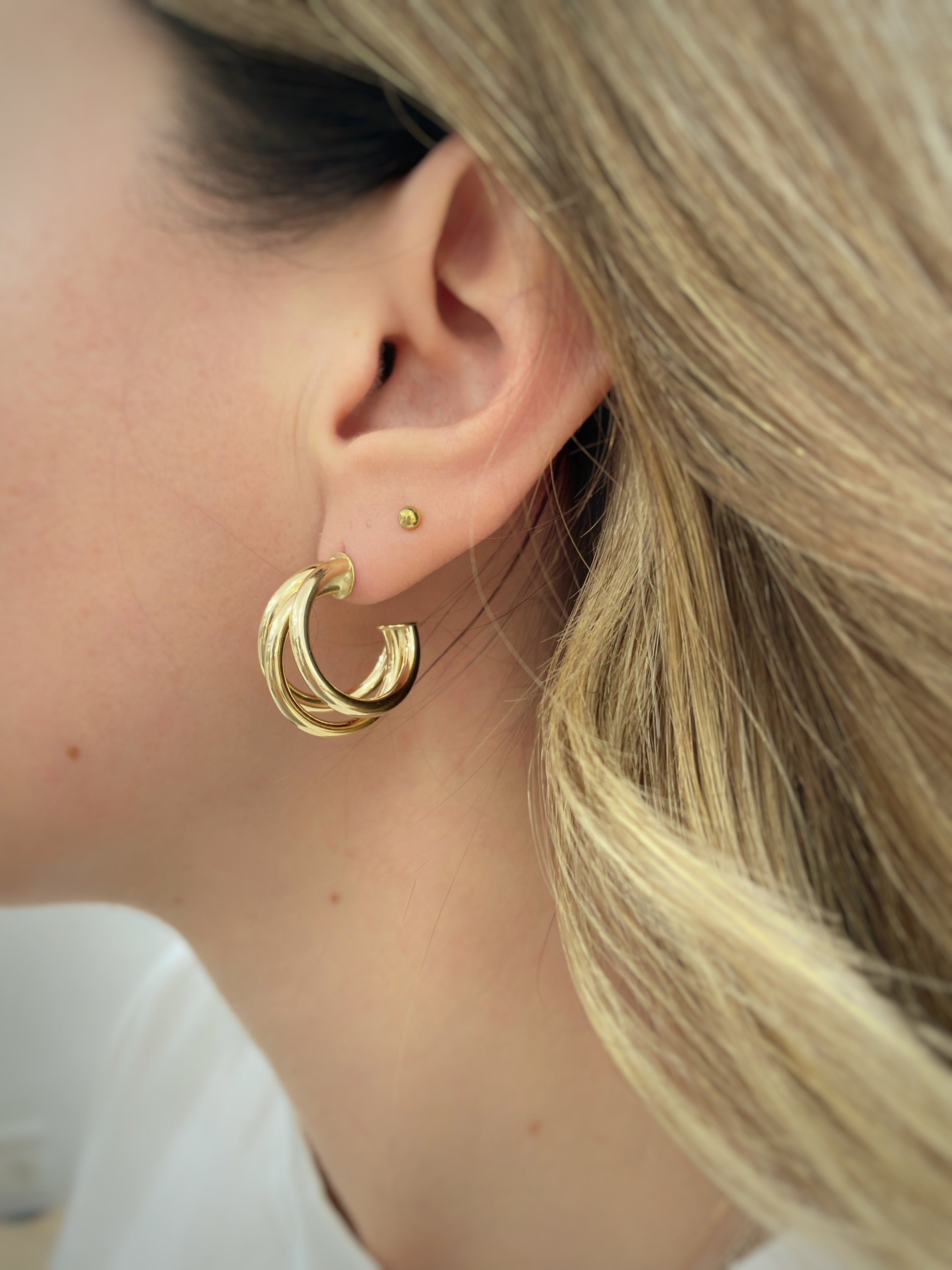 14K Solid Gold Triple Hoop Earring / Yellow Gold Hoop / Multiple Hoop ...