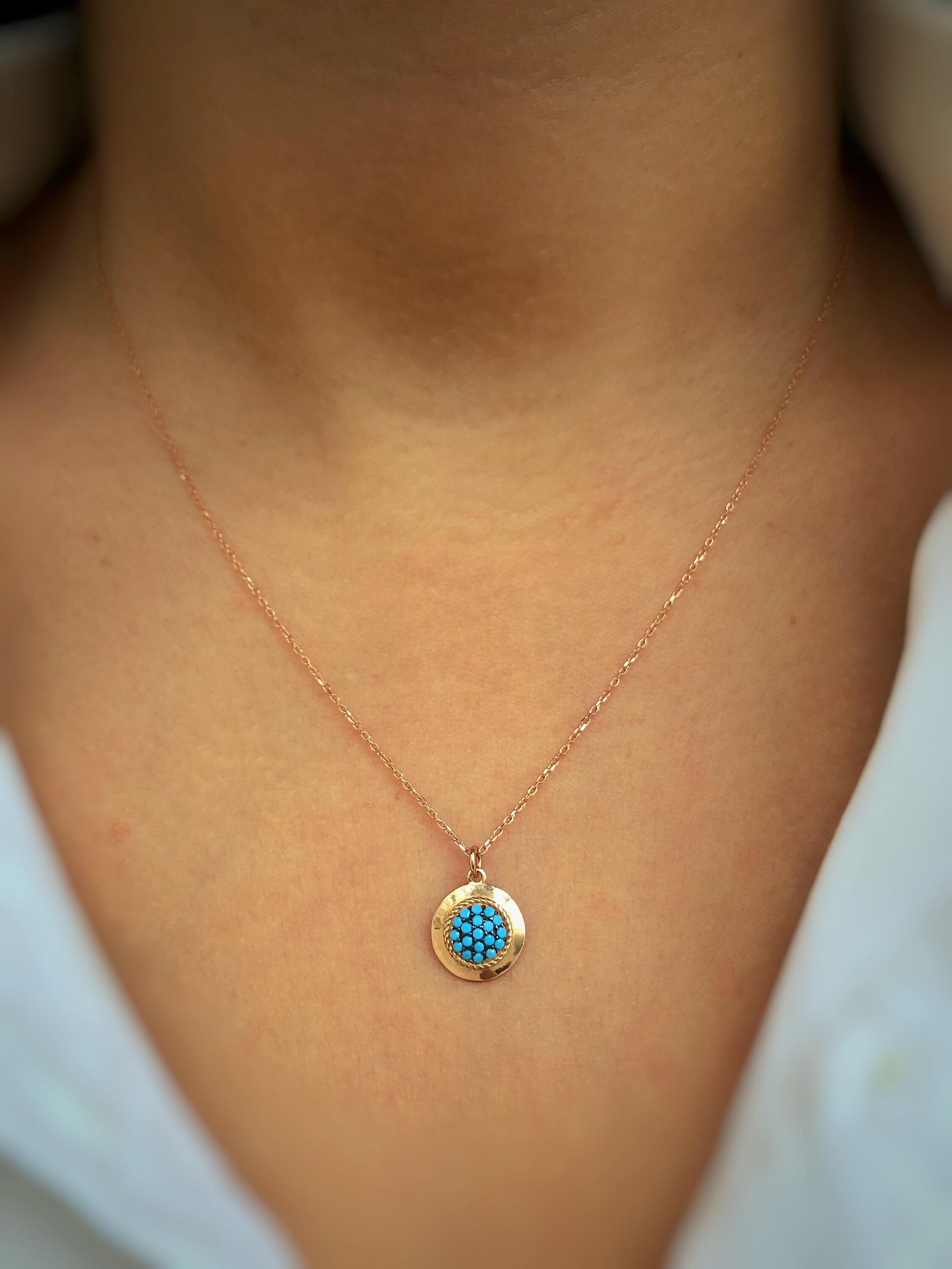 14k Solid Gold Turquoise Stone Minimal Rose Necklace / Blue Stone ...