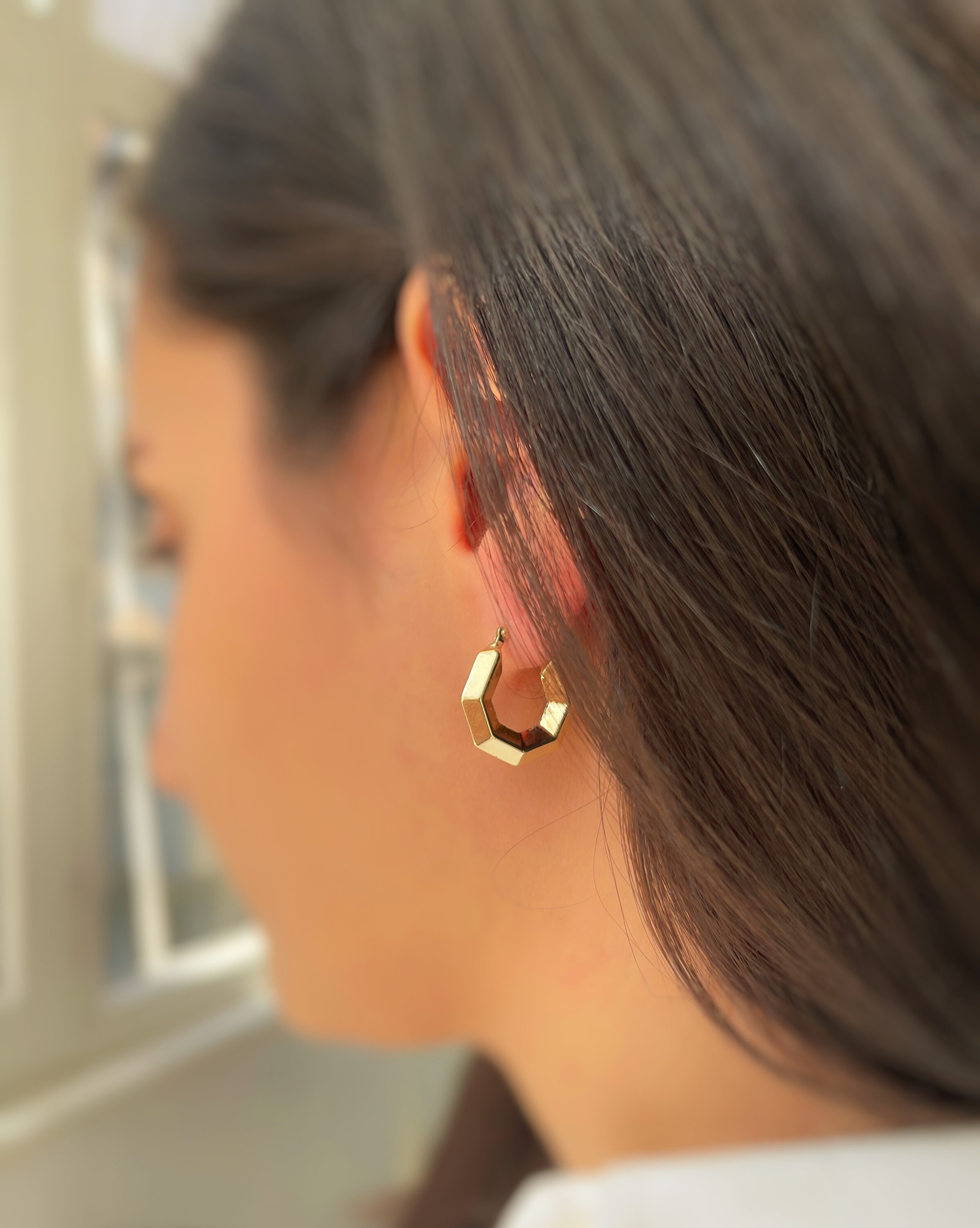 14k Solid Gold Angled Angular Edge Minimal Stud Earrings / Hexagon ...