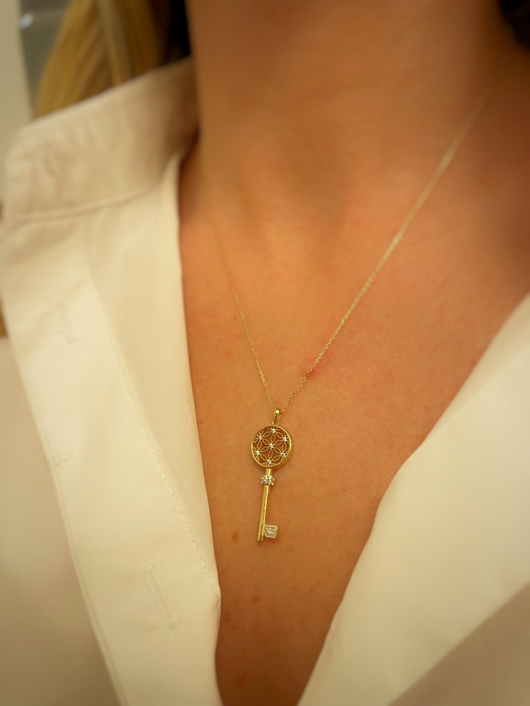 14K Solid Gold Flower of Life Key Necklace / Zircon Necklace / Delicate ...
